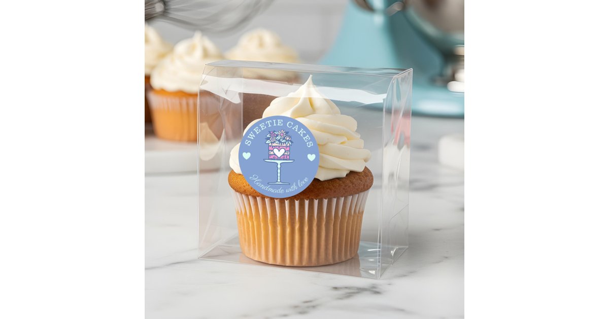 Floral Style Bakery Cake & Stand Logo Blue Classic Round Sticker | Zazzle