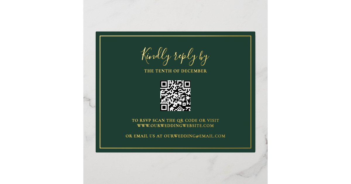Forest Green Gold Foil QR Code Wedding RSVP Card | Zazzle