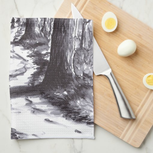 forest path ink landscape drawing kitchen towel | Zazzle
