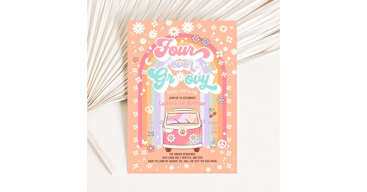 FOUR Ever Groovy Daisy Groovy 4th Birthday Invitation | Zazzle
