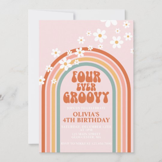 Four Ever Groovy daisy rainbow 4TH birthday Invitation | Zazzle.ca