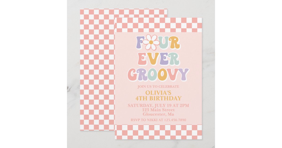 Four Ever Groovy Retro Daisy Chequered 4th Birthda Invitation | Zazzle