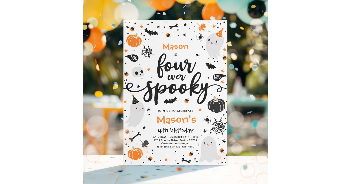 Four Ever Spooky Cute Halloween Ghost 4th Birthday Invitation | Zazzle
