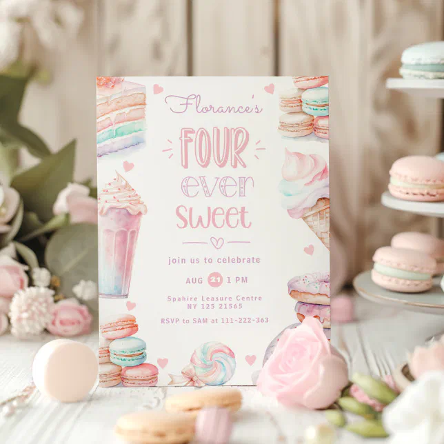 Four ever sweet pastel macarons 4th birthday invitation | Zazzle