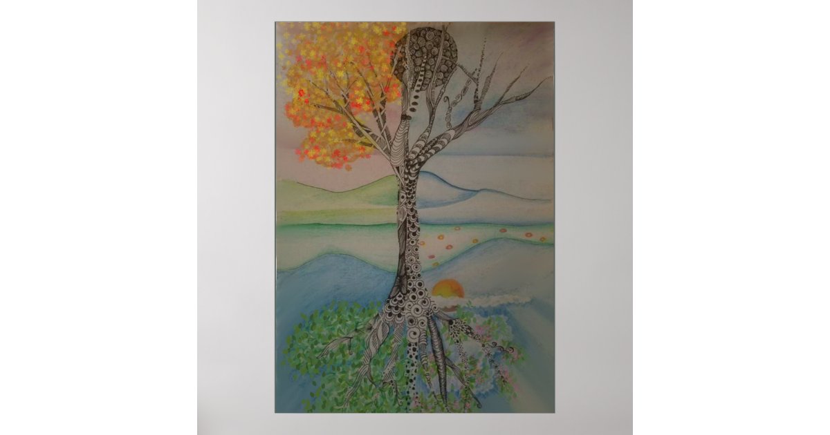 Four seasons line design tree poster | Zazzle