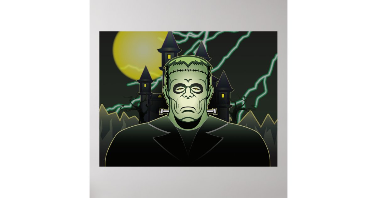 Frankenstein Monster Halloween Castle Lightning Poster | Zazzle