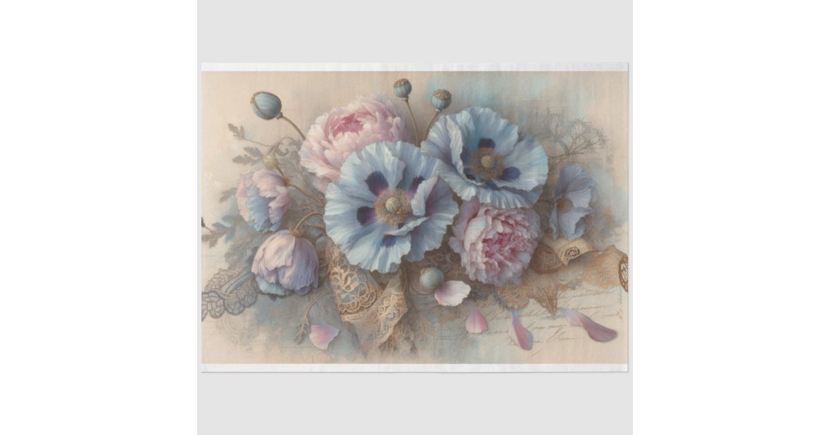 French Blue Poppies Pink Peonies Decoupage Tissue Paper | Zazzle