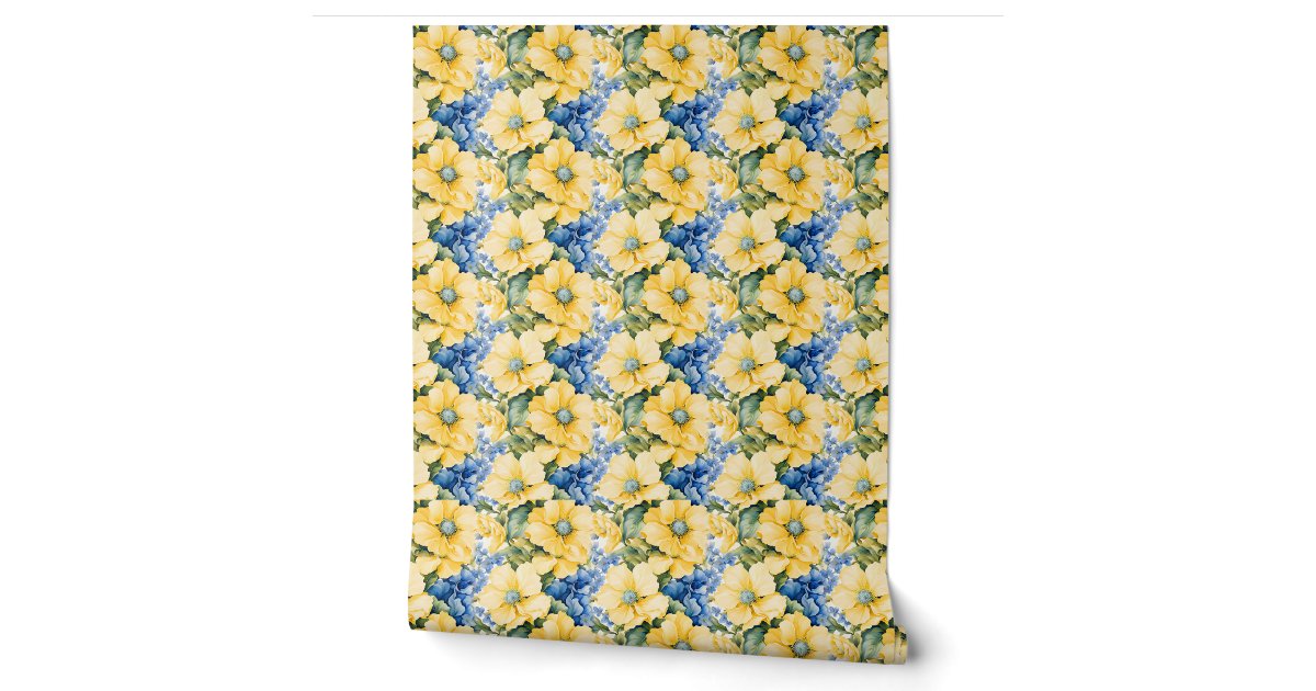 French Country Yellow and Blue Flowers Wallpaper | Zazzle