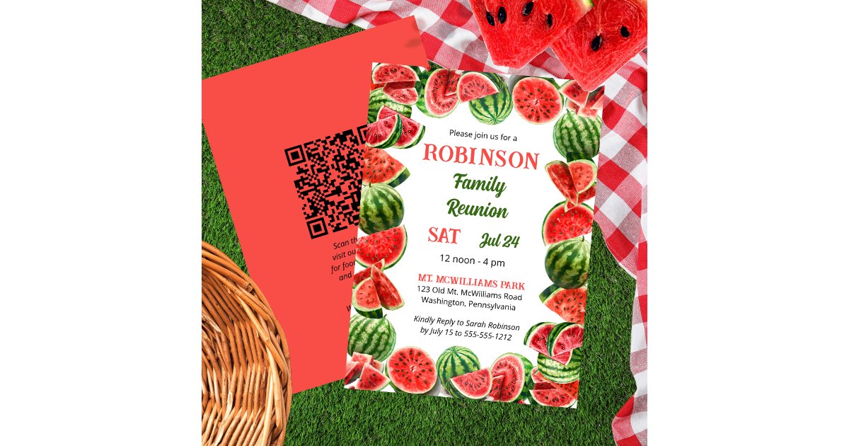 Fresh Summer Watermelons QR Code Family Reunion Invitation | Zazzle