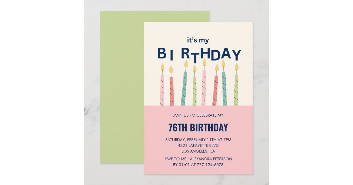 Funny Candle Pink Green 76th birthday invitations | Zazzle