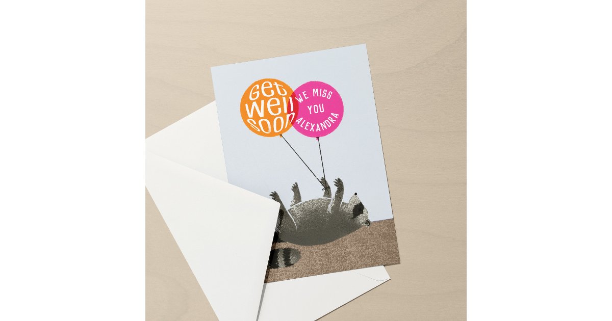 Funny Get Well Soon Raccoon Balloons Card | Zazzle