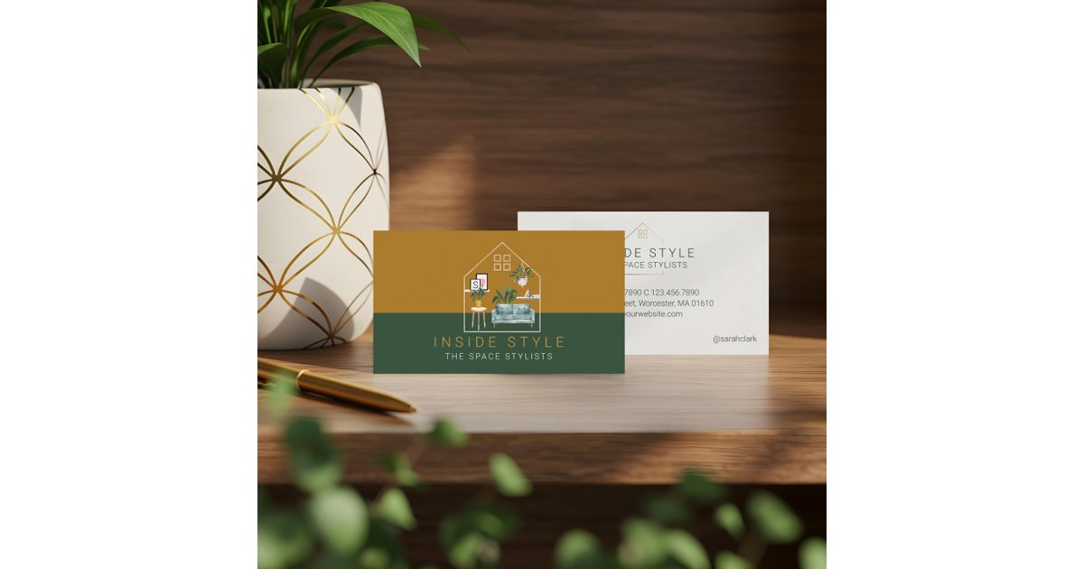 Furniture Decor Stylish Home Staging Green & Gold Business Card | Zazzle