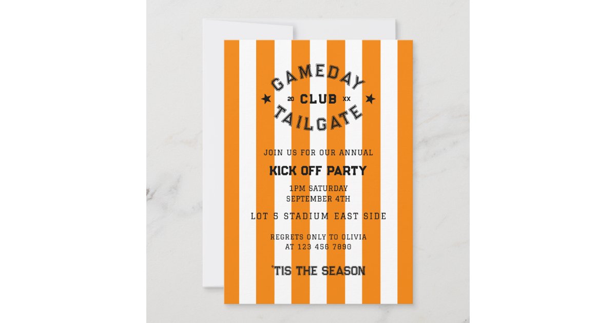 Gameday Tailgate Club Kick Off Party Orange Team Invitation | Zazzle