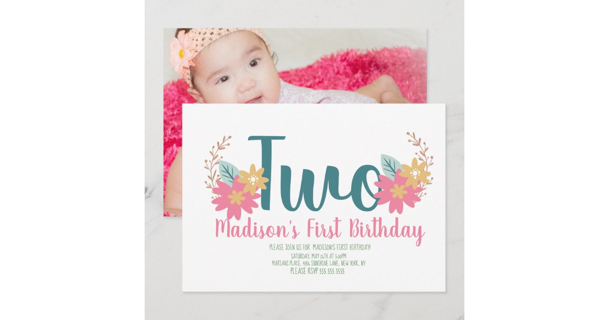 Garden Floral Pink Party Turning Two Birthday Invitation | Zazzle