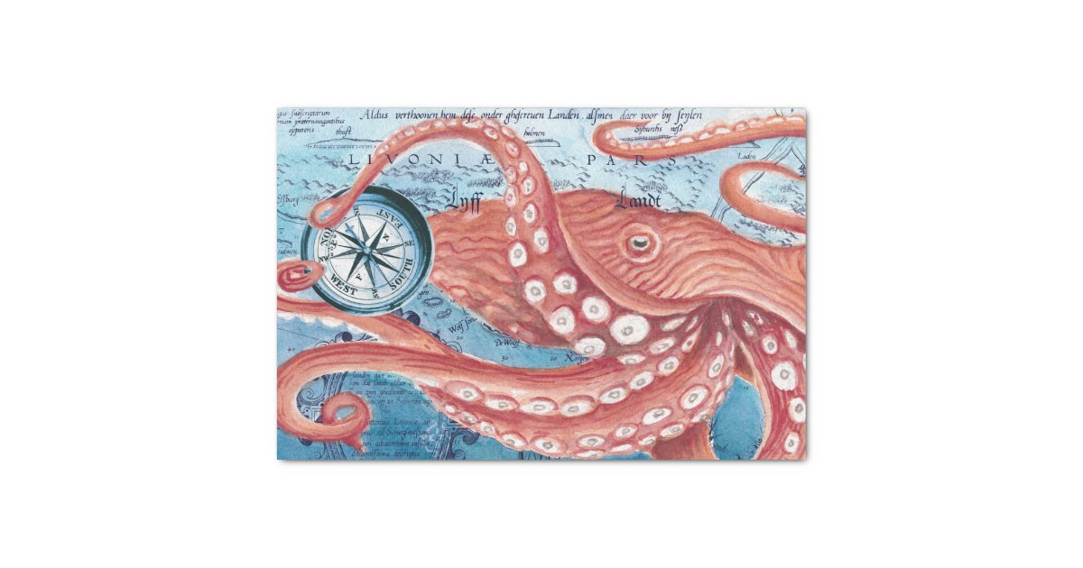 Giant Red Pacific Octopus Compass Vintage Map Art Tissue Paper | Zazzle