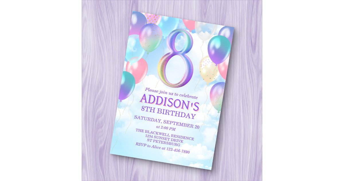 Girls 8th Birthday Rainbow Balloons Invitation | Zazzle