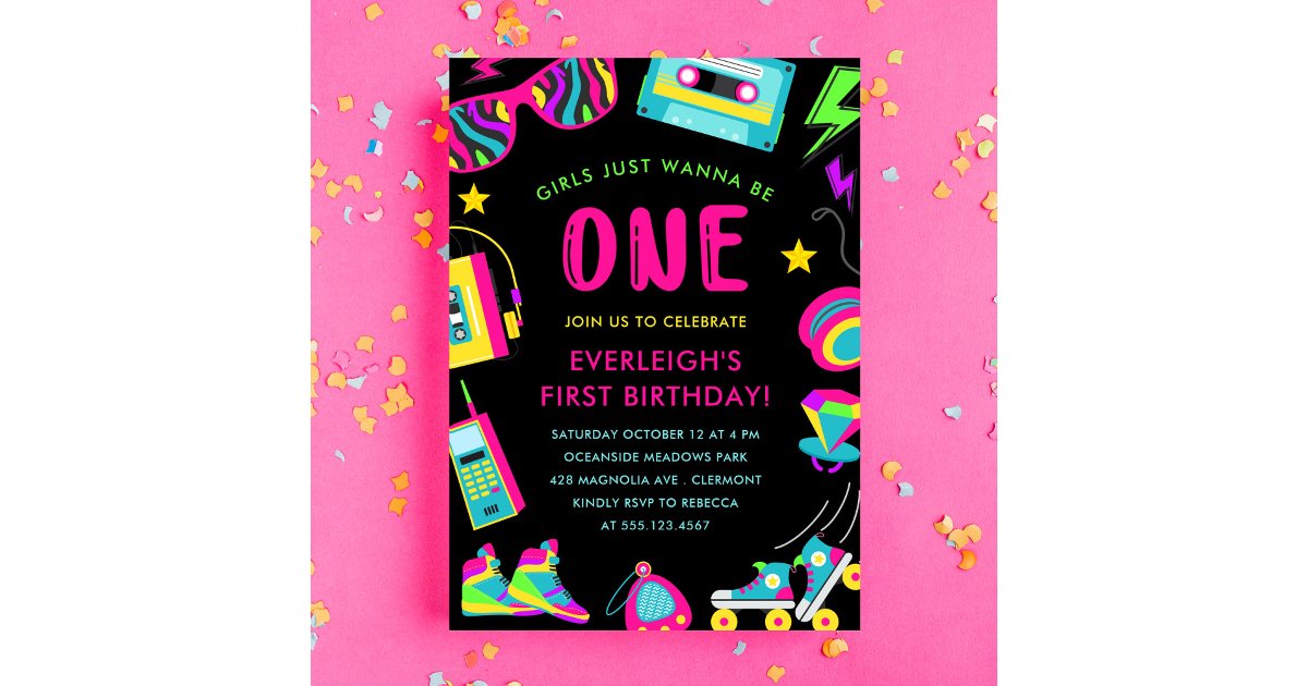 Girls Just Wanna Be One 80s First Birthday Party Invitation | Zazzle