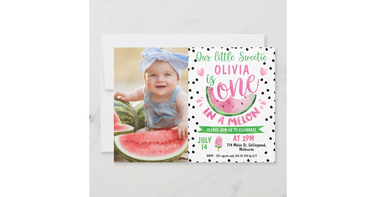 Girls Photo Black Pips One In A Melon 1st Birthday Invitation | Zazzle