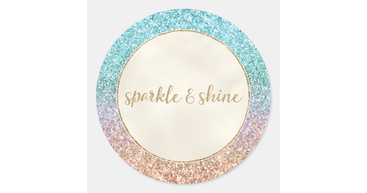 Girly Aqua Peach Gold Purple Mint Mermaid Glitter Classic Round Sticker ...