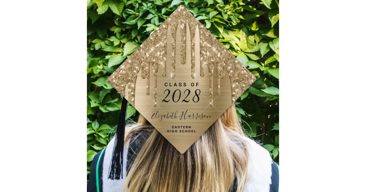 Girly Gold Glitter Personalized Graduation Cap Topper | Zazzle