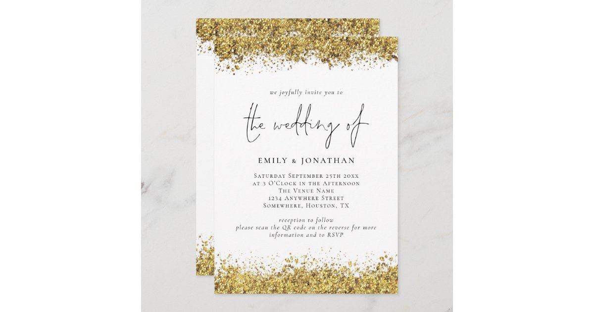 Glam Gold Glitter Borders Script QR Code Wedding Invitation | Zazzle