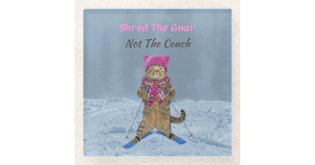 Glass Coaster, Shred the Gnar Ski Cat Glass Coaster | Zazzle