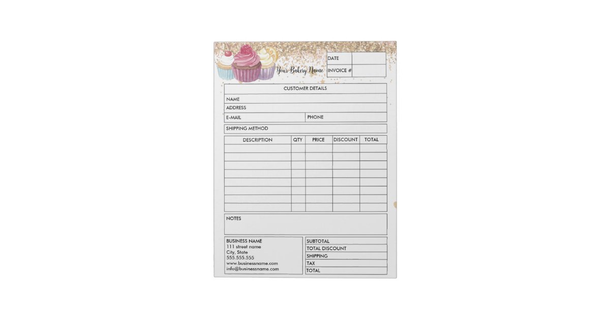 Glitter Cupcake Bakery Sales Form Receipt Invoice Notepad | Zazzle