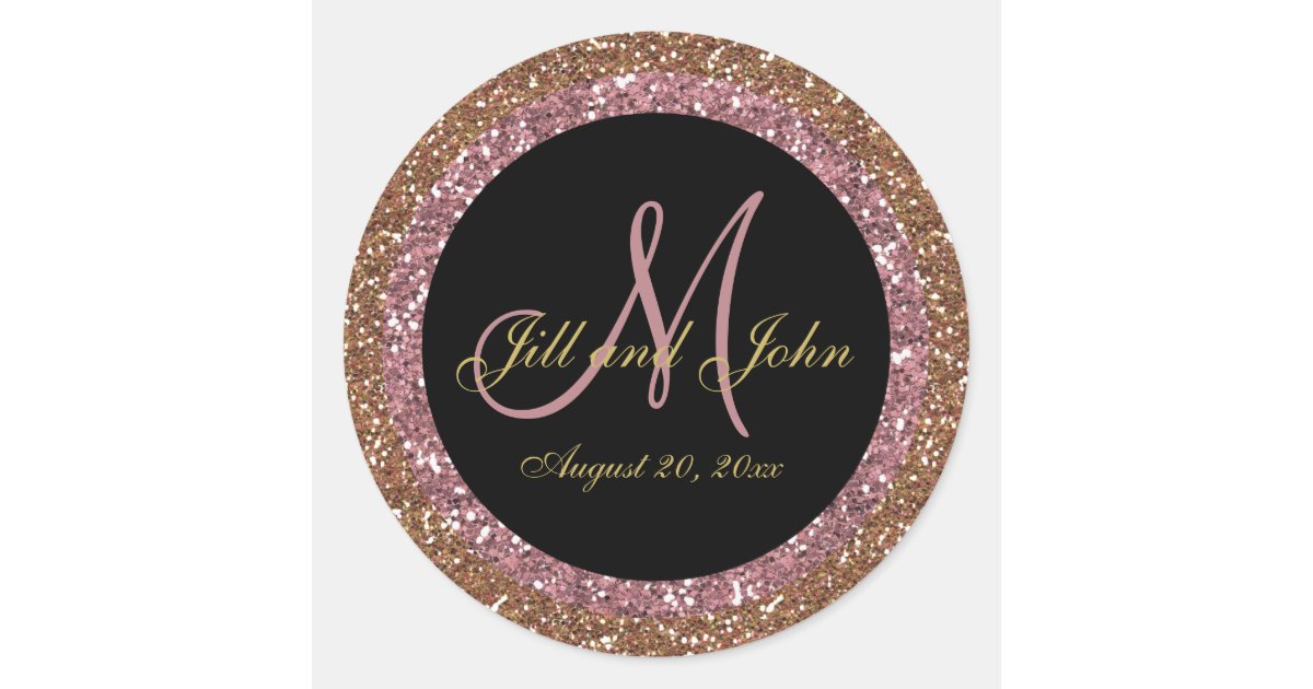 Glitter Rose Gold Champagne Wedding Monogram Classic Round Sticker | Zazzle
