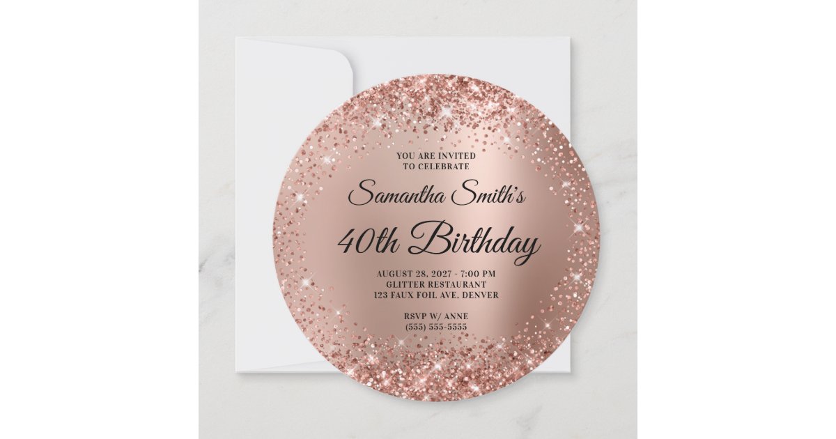 Glittery Rose Gold Ombre Monogram 40th Birthday Invitation | Zazzle
