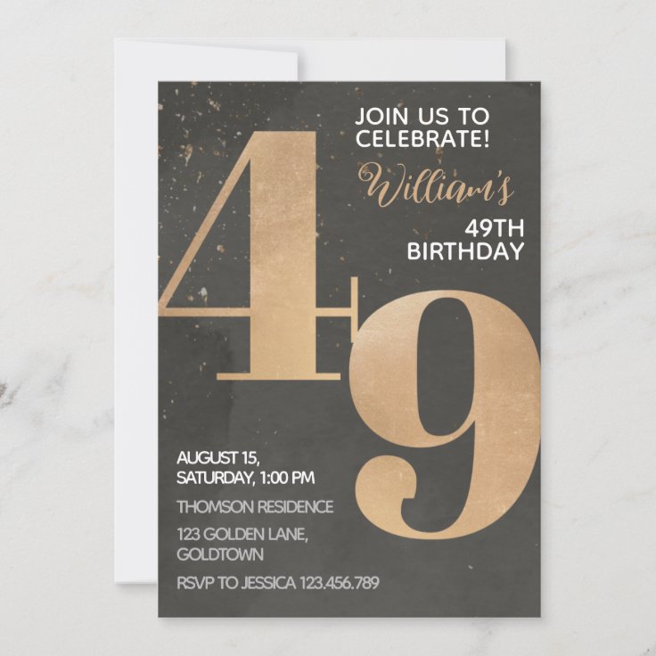 Gold Black 49th Birthday Invitation | Zazzle