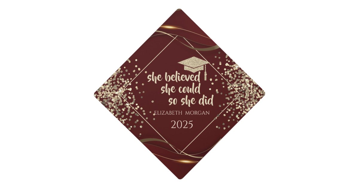 Gold Glitter Graduate Cap,Confetti Dark Red Graduation Cap Topper | Zazzle