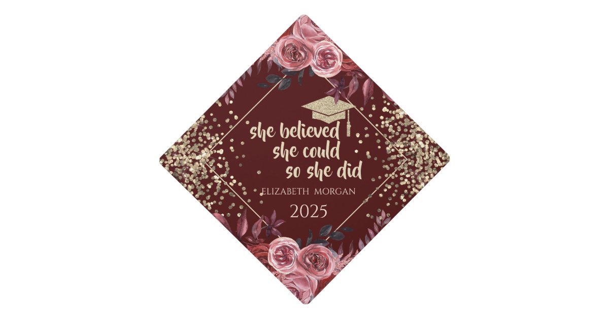 Gold Glitter Graduate Cap,Confetti Dark Red Roses Graduation Cap Topper ...