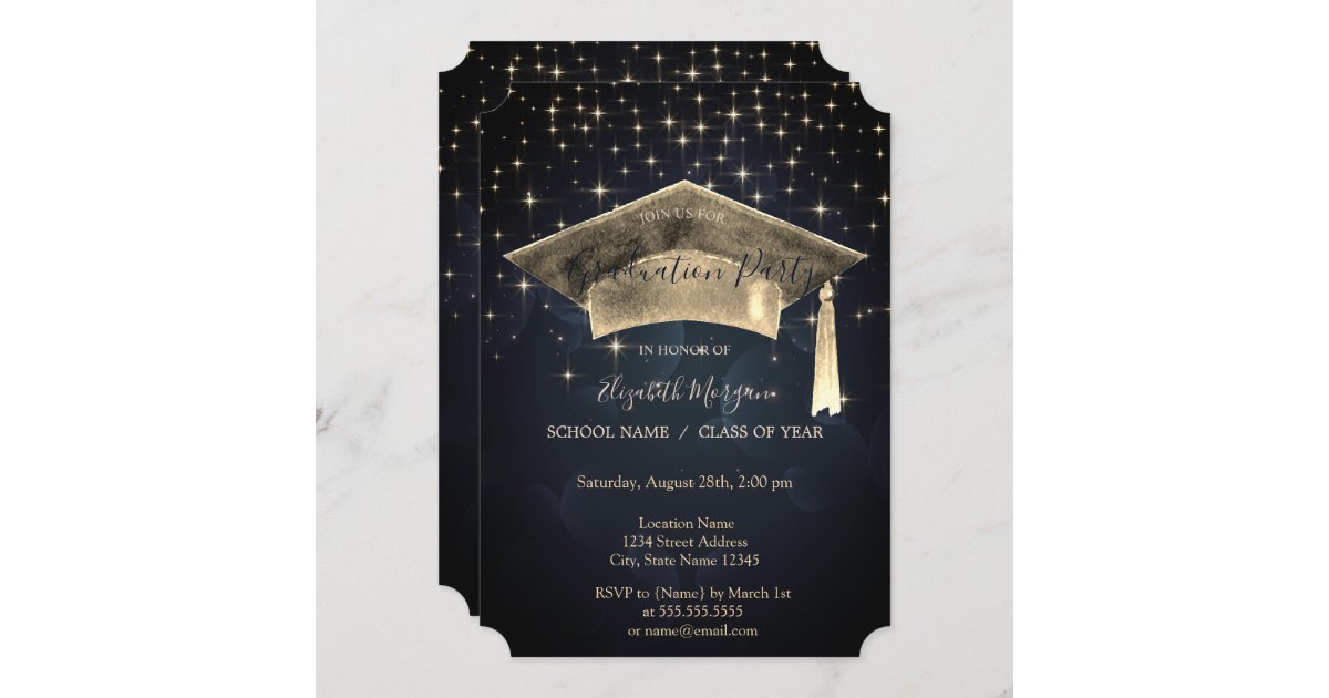 Gold Graduation Cap,Stars Graduation Invitation | Zazzle