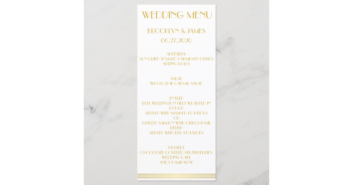 Gold Great Gatsby Wedding Menu Cards | Zazzle