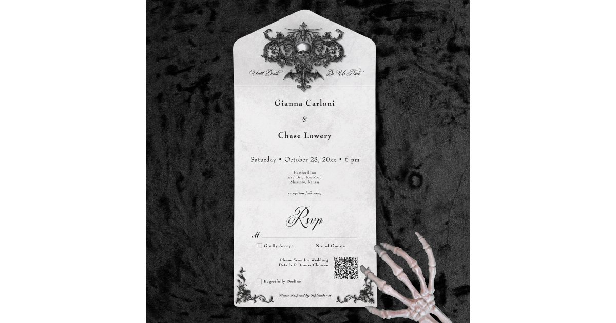 Gothic Black & White Halloween Filigree QR Code All In One Invitation ...