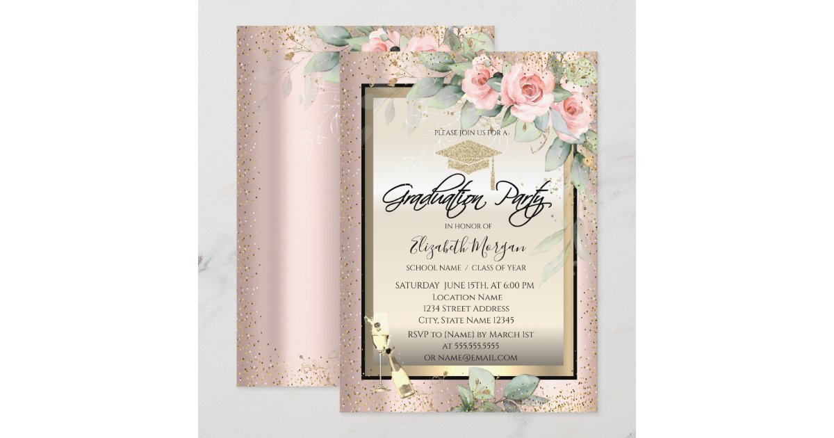 Grad Cap,Wine Glass,Flowers Rose Gold Graduation Invitation | Zazzle