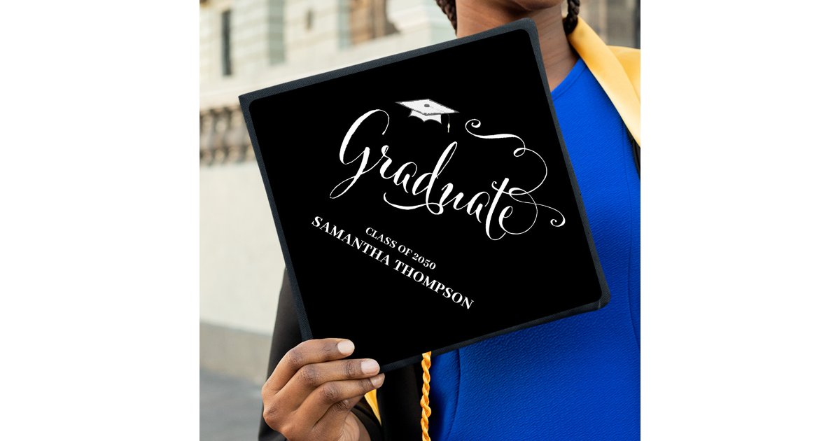 Graduate Black and White Simple Calligraphy Script Graduation Cap ...