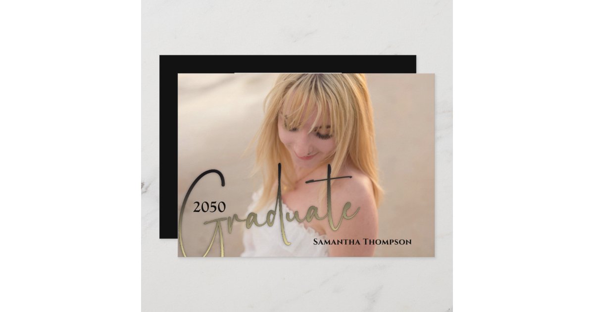 Graduate Calligraphy Script Black Gold Two Photo Invitation | Zazzle