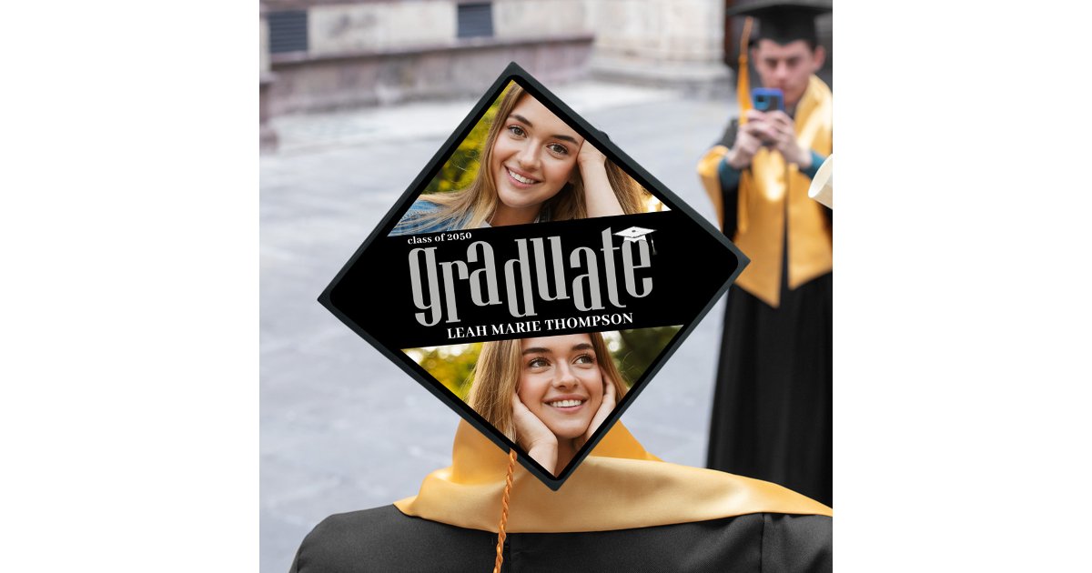 Graduate Typography Black and White Photo Collage Graduation Cap Topper ...
