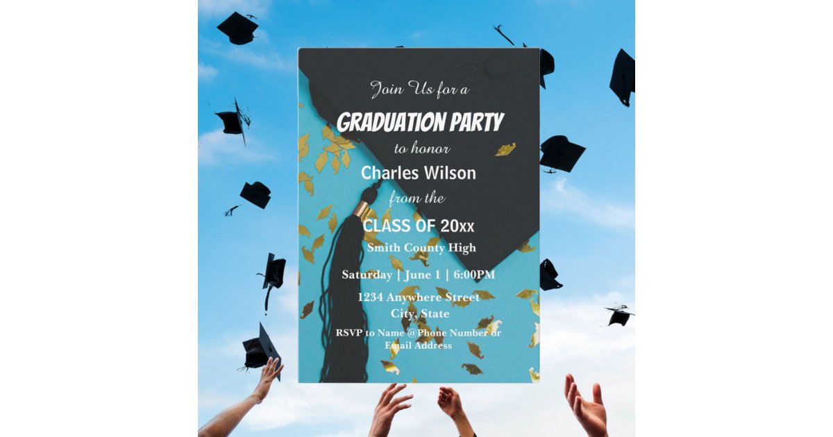 Graduation Cap and Confetti Graduation Party Invitation | Zazzle