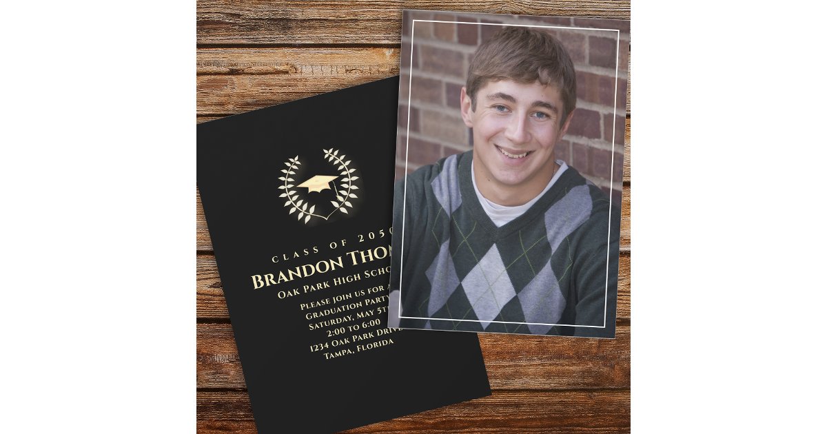 Graduation Classic Photo Laureate Laurel Gold Invitation | Zazzle
