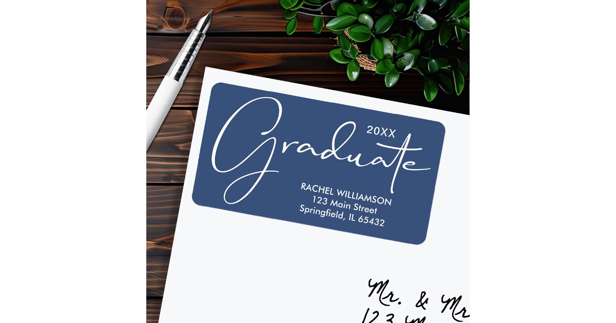 Graduation Elegant Script Blue Return Address Label | Zazzle