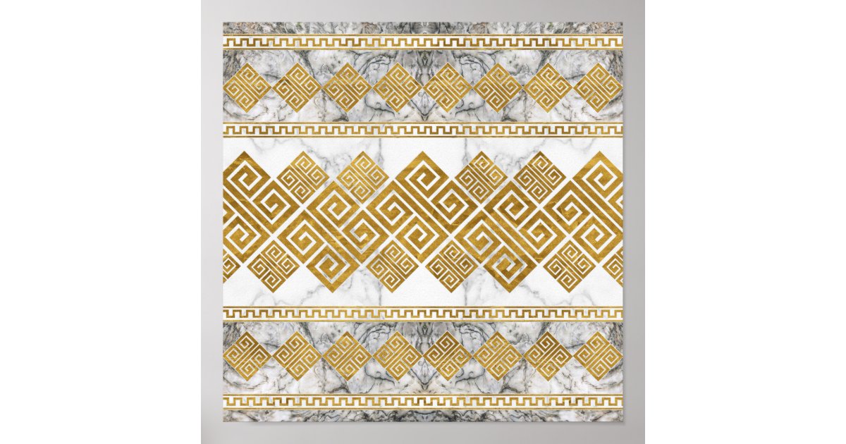 Greek Meander - Greek Key White Marble and Gold Poster | Zazzle