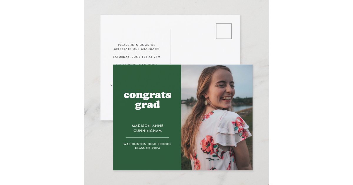 Green Congrats Grad Photo Graduation Invitation Postcard | Zazzle