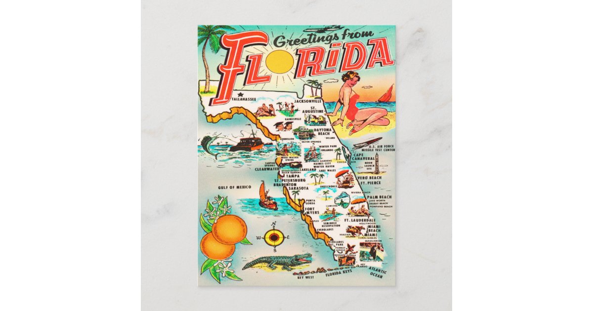 Greetings from Florida Map Vintage Travel Postcard | Zazzle