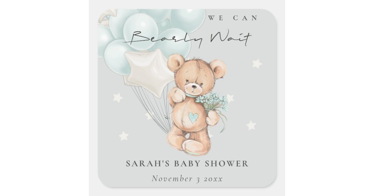 Grey Blue Bearly Wait Bear Balloon Baby Shower Square Sticker | Zazzle