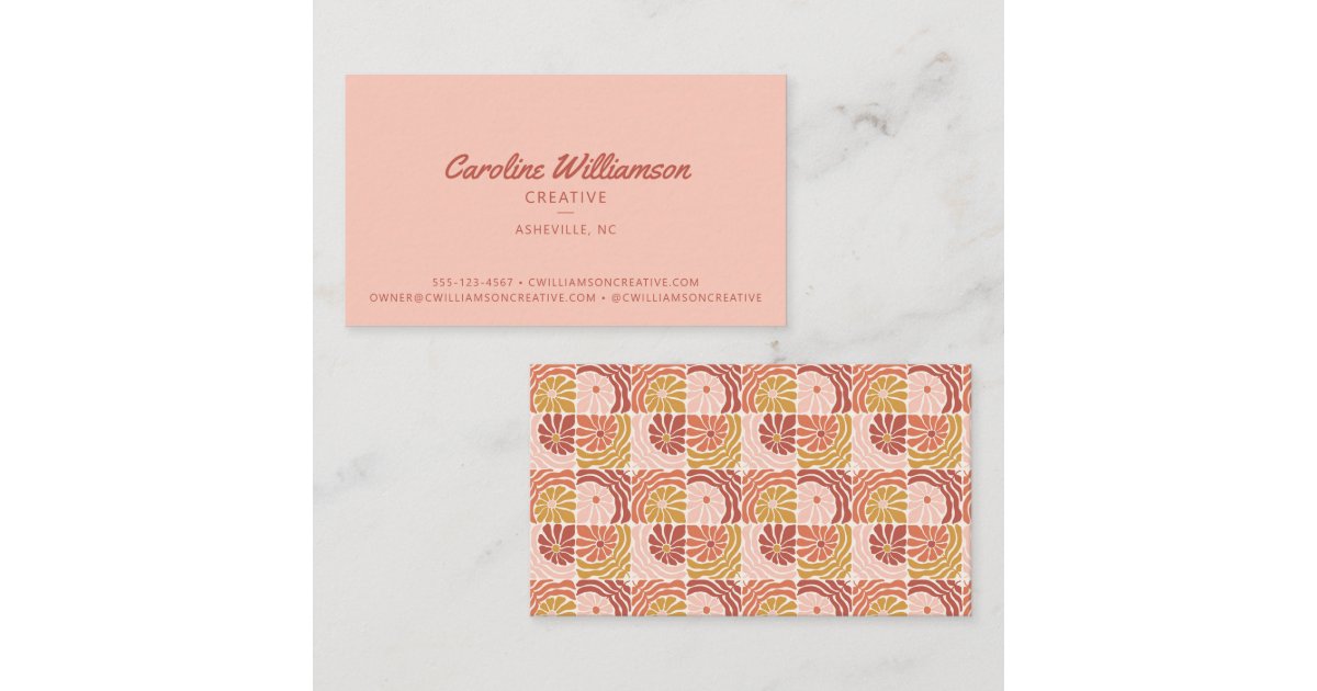 Groovy Retro Boho Blush Pink Red Botanical Trendy Business Card | Zazzle
