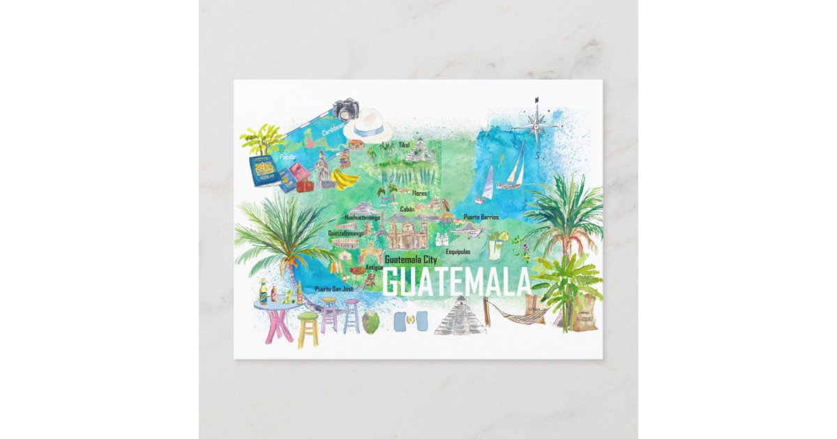 Guatemala Illustrated Travel Map with Roads Postcard | Zazzle