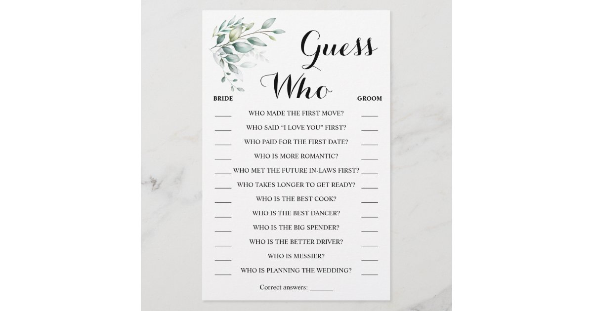 Guess Who Greenery Eucalyptus Shower Game Card | Zazzle