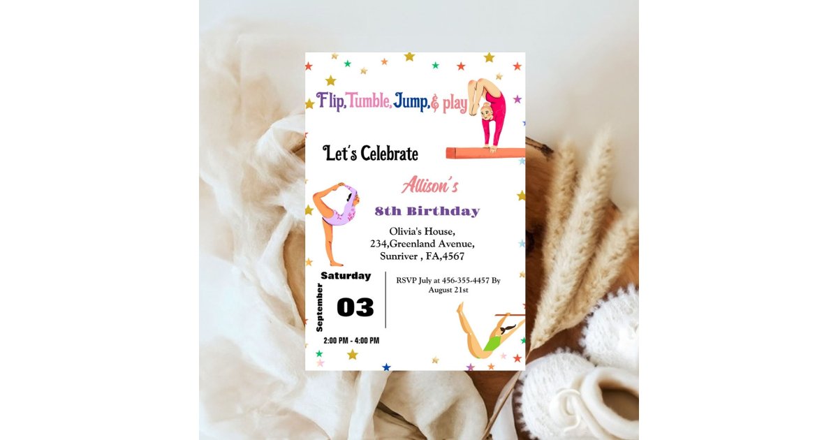 Gymnastics jump Cartwheels girl birthday party Invitation | Zazzle